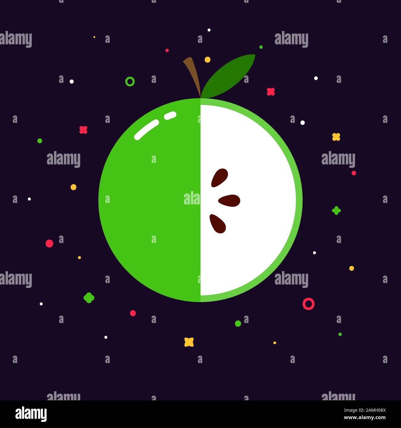 apple fruit sphere with half slice on abstract fresh background, flat ...