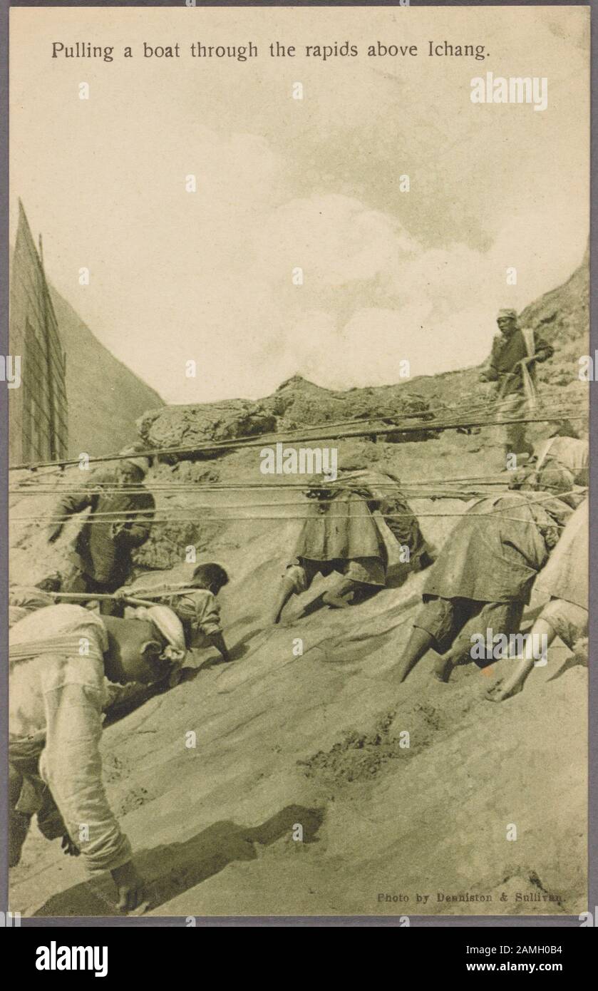 Monochrome postcard of a group of Chinese boat trackers pulling a boat ...