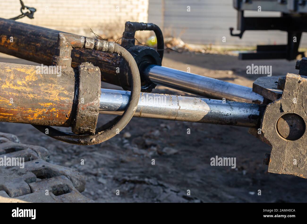 Close-up of oil pistons. Side view. Selective focus. Outside Without ...