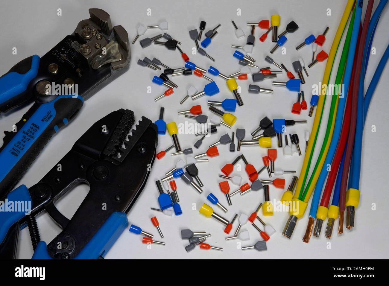 Tools and materials for stripping and crimping Stock Photo - Alamy