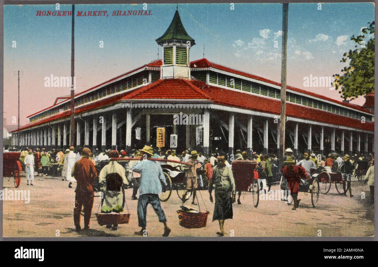 Illustrated postcard of a crowd of people in front of Hongkew Market ...