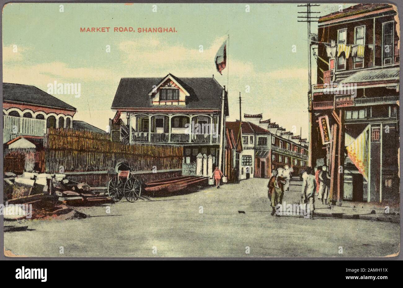 Illustrated postcard featuring colonial style houses on Market Road ...