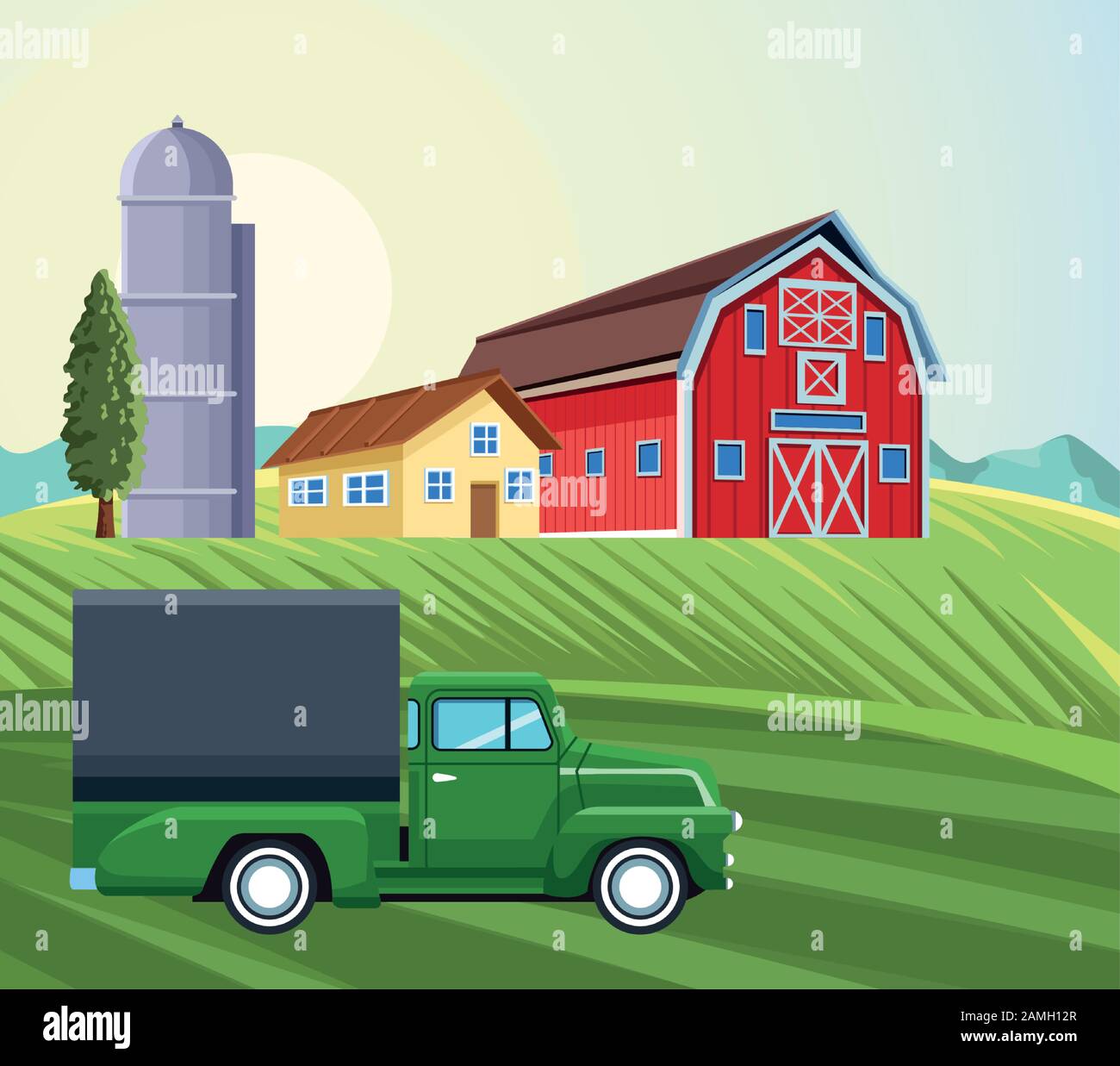 farming silo storehouse pickup truck house barn field Stock Vector ...