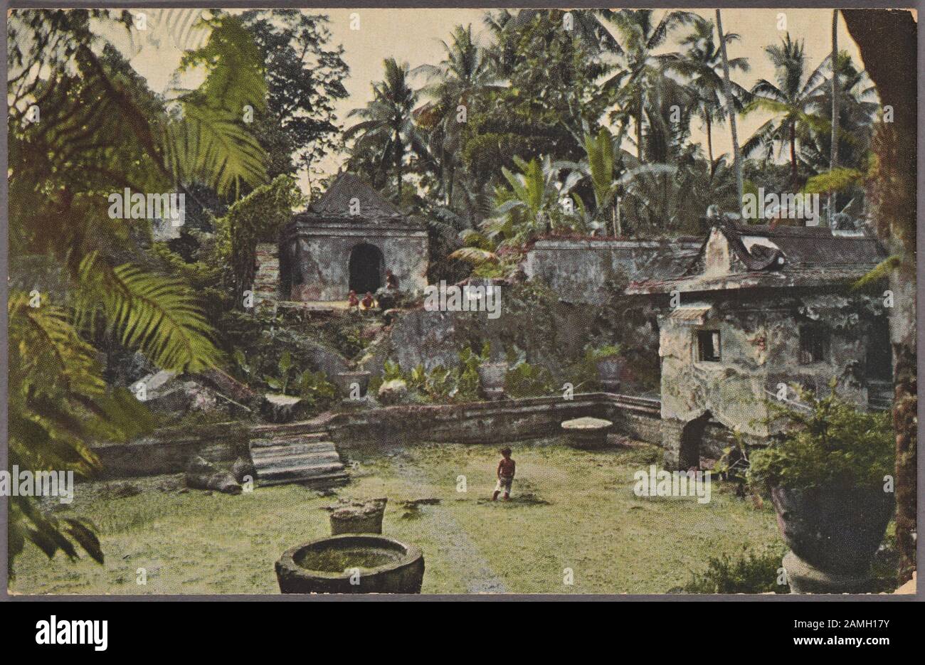Illustrated postcard featuring stone buildings on the grounds of the ...