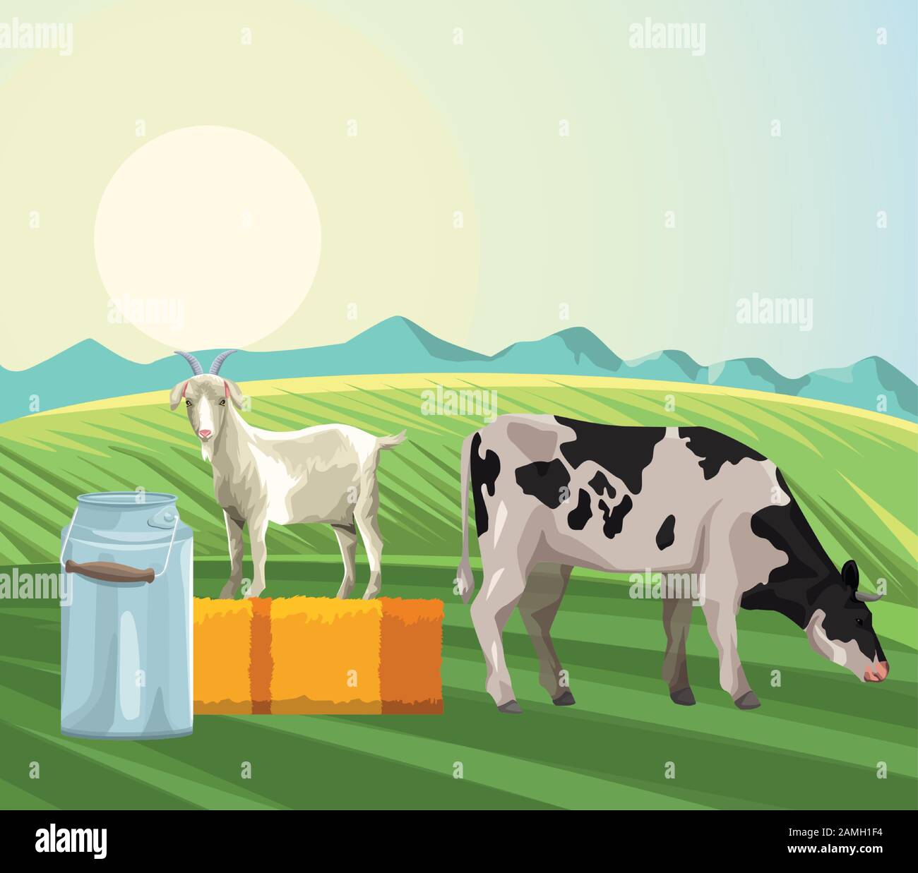 farming cow eating grass goat canister milk and hay field Stock Vector ...