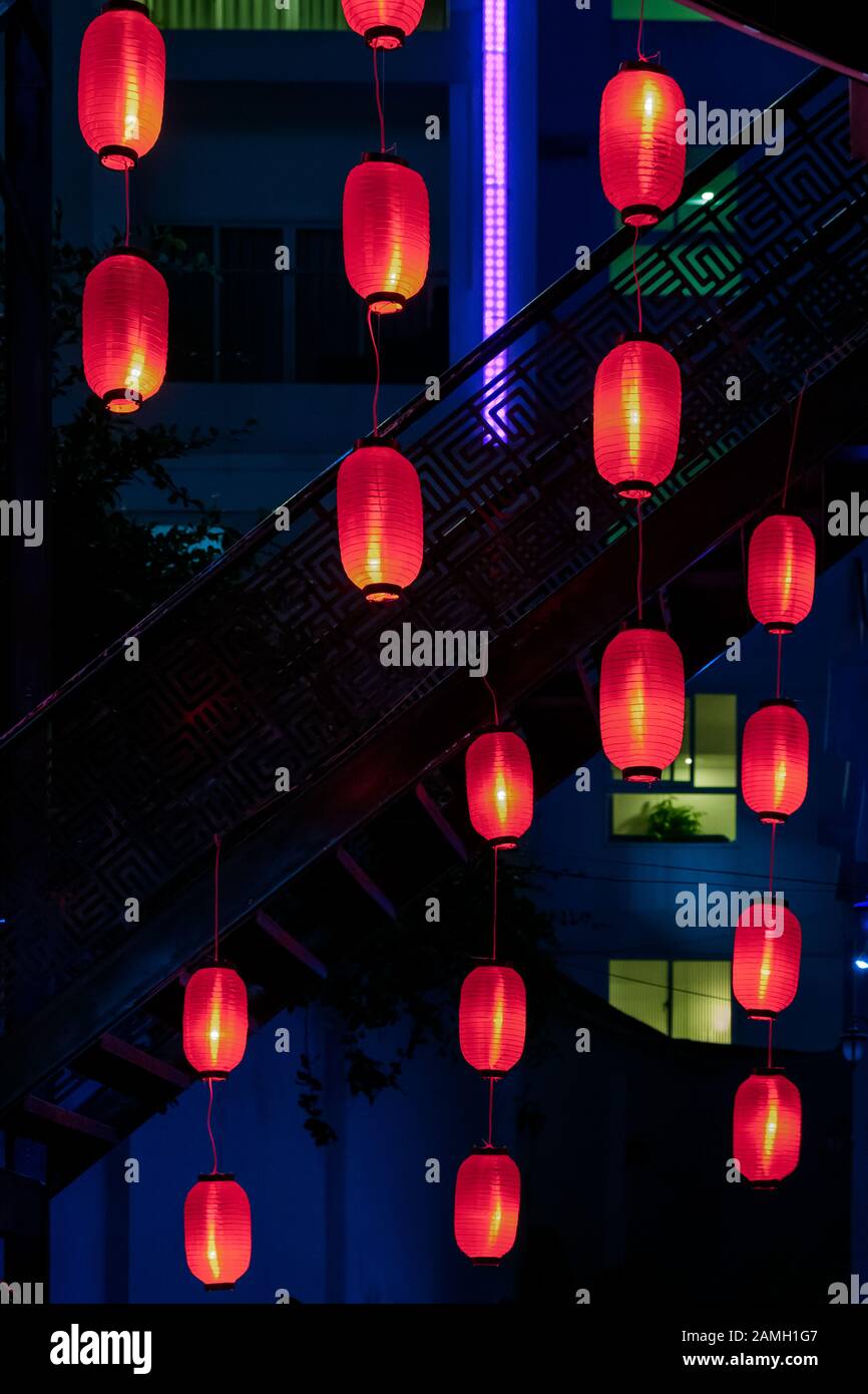 Chinese lanterns with red light at night background Stock Photo - Alamy