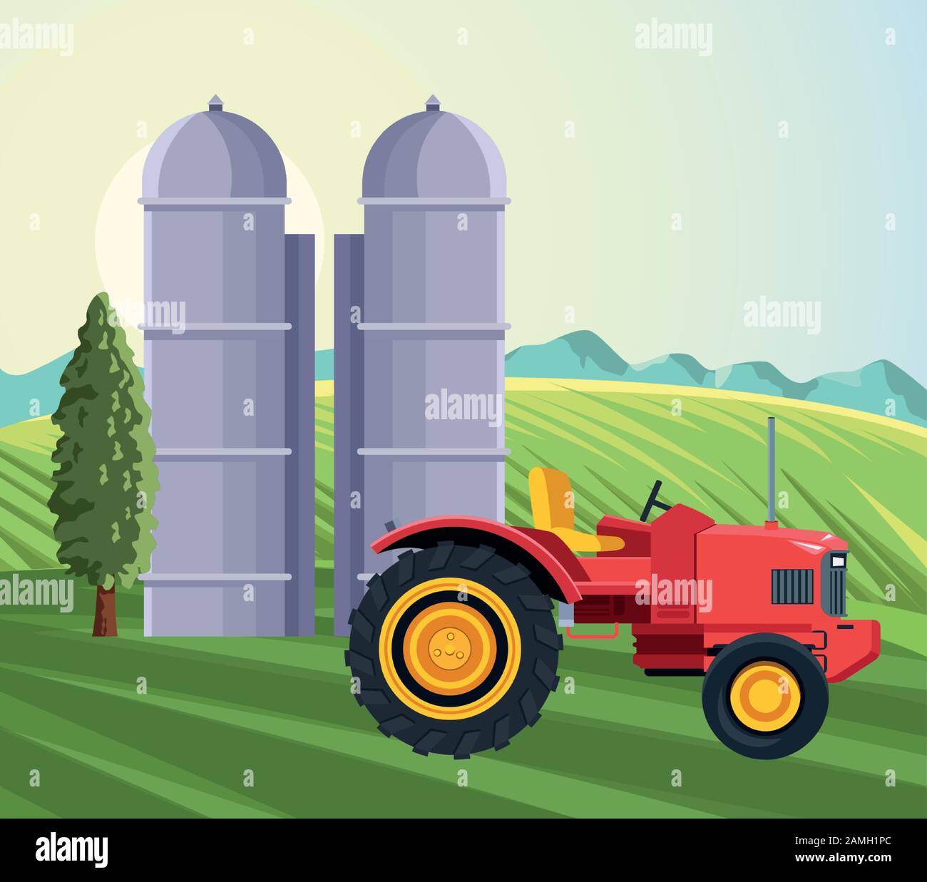 farming silo storage tractor tree mountains filed landscape Stock ...