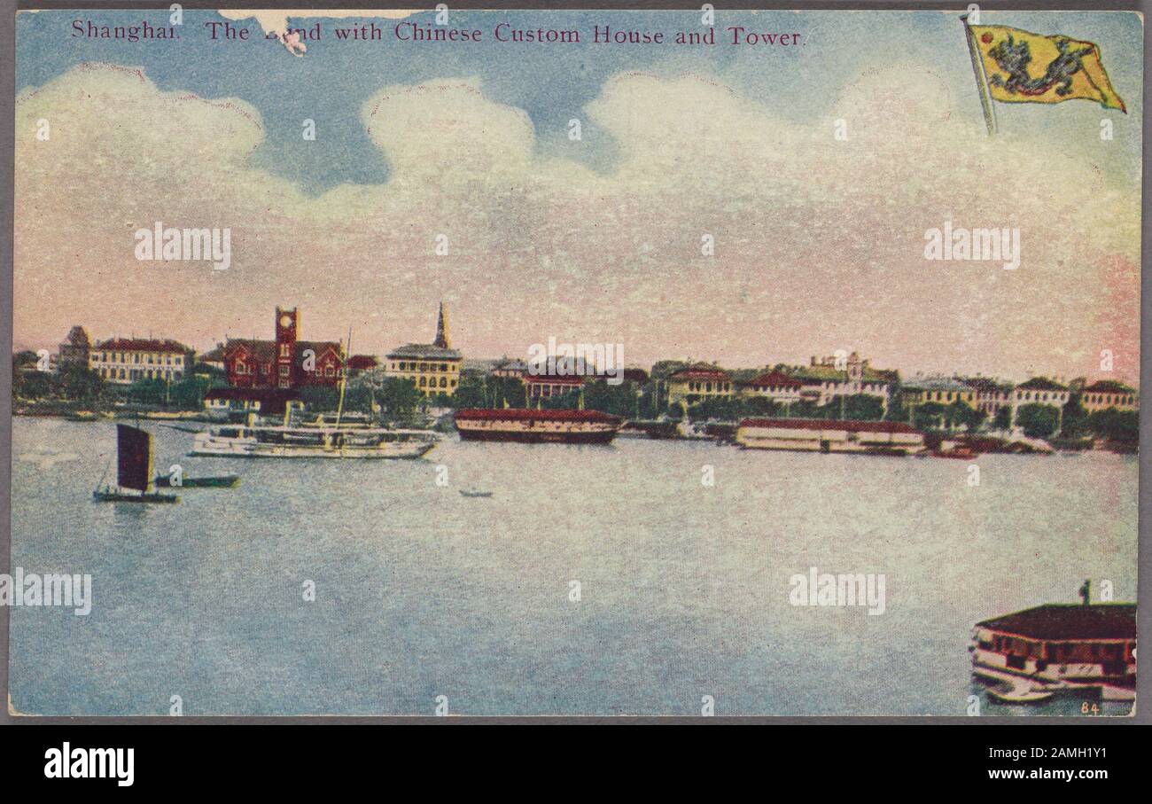 Illustrated postcard of the harbor and the Bund, with a view of the ...