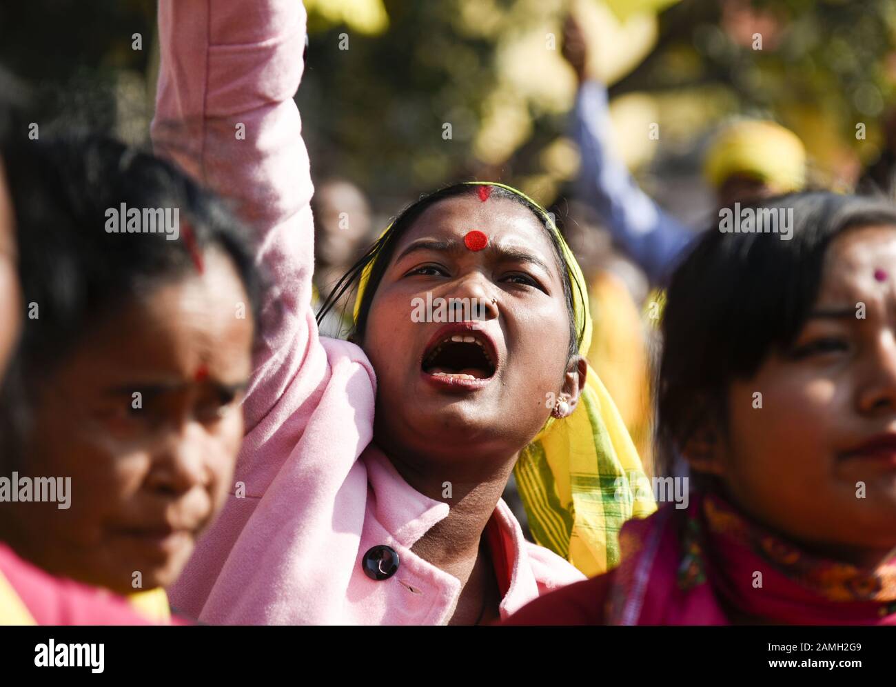Guwahati, Assam, India. 13th Jan, 2020. Koch-Rajbongshis people stage a ...
