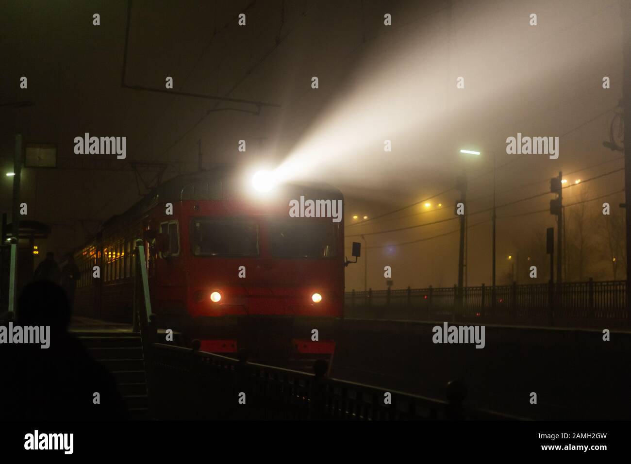 night train railway lights through the fog Stock Photo - Alamy