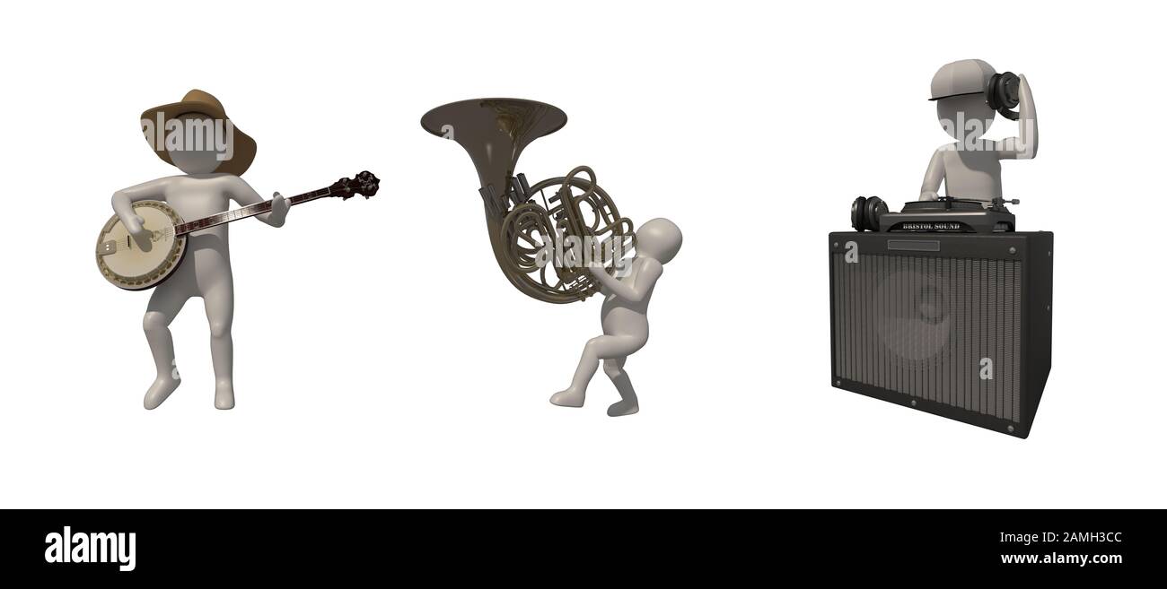 3d illustrator group of career musician symbols on a gray background ...
