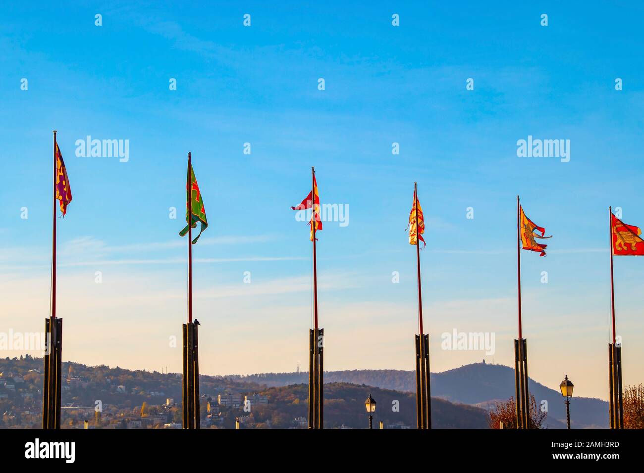 Flags on the hill by the Buda castle in Budapect, Hungary Stock Photo ...
