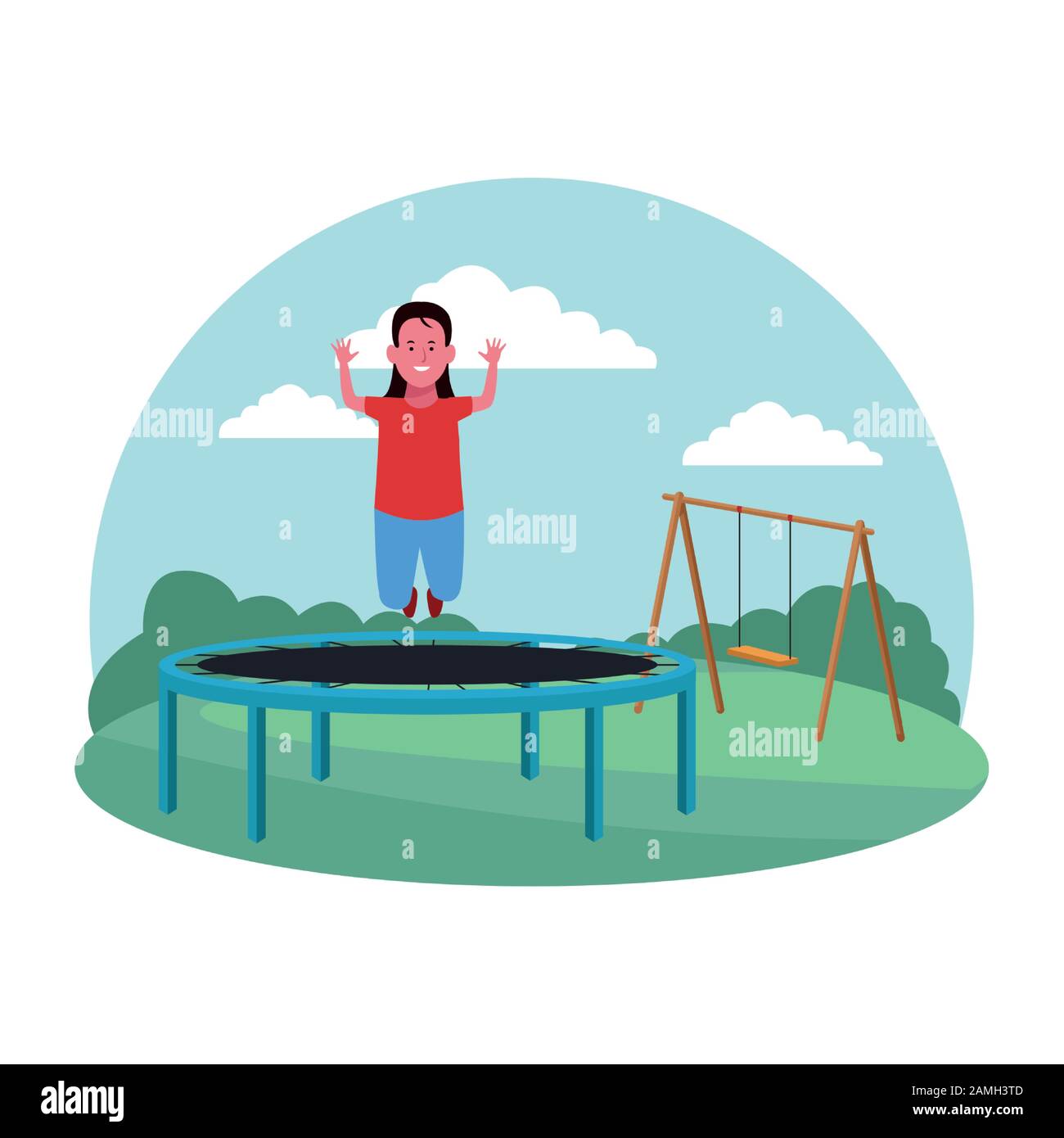 kids zone, funny girl jumping on trampoline playground Stock Vector ...