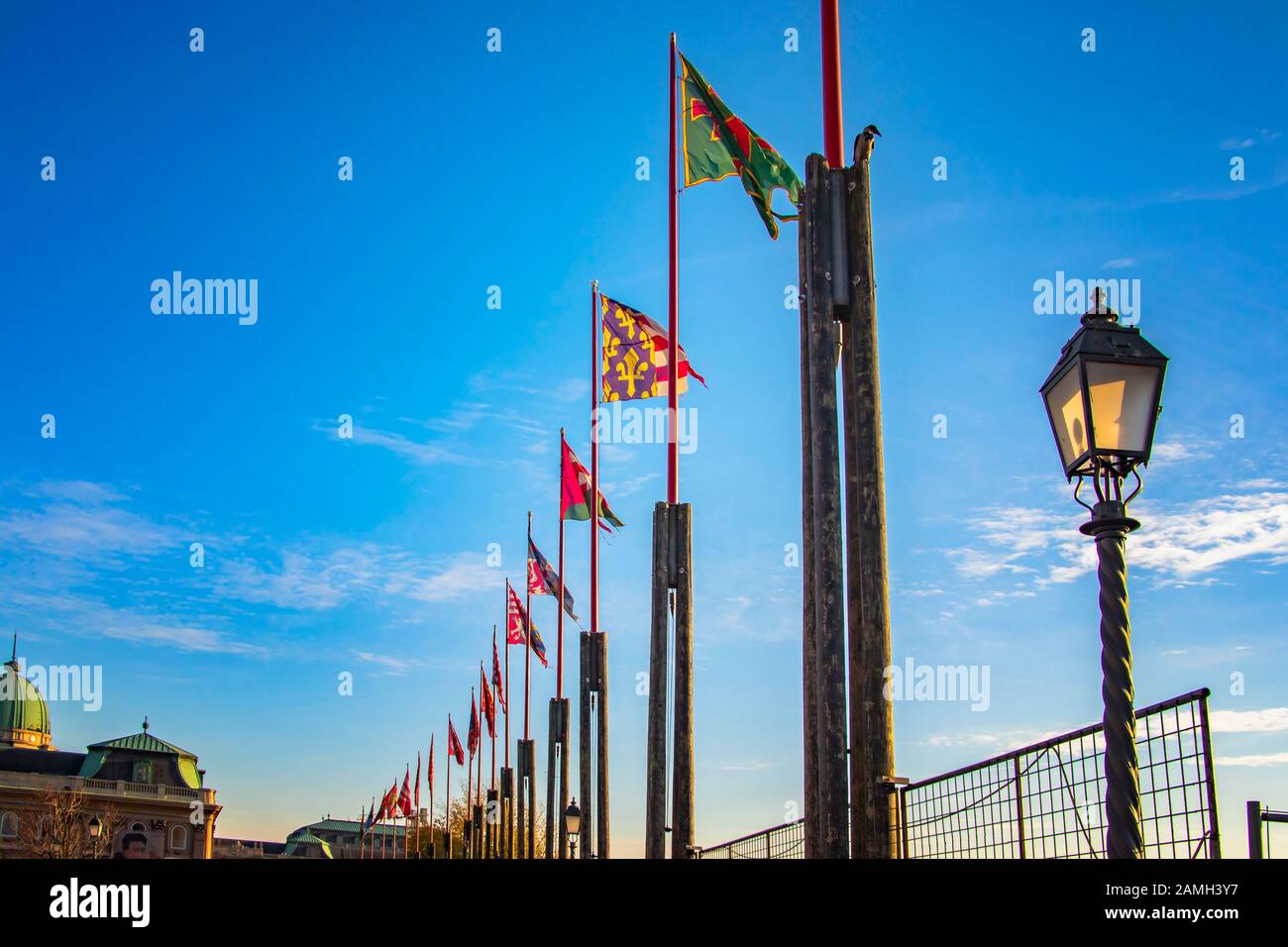 Flags on the hill by the Buda castle in Budapect, Hungary Stock Photo ...