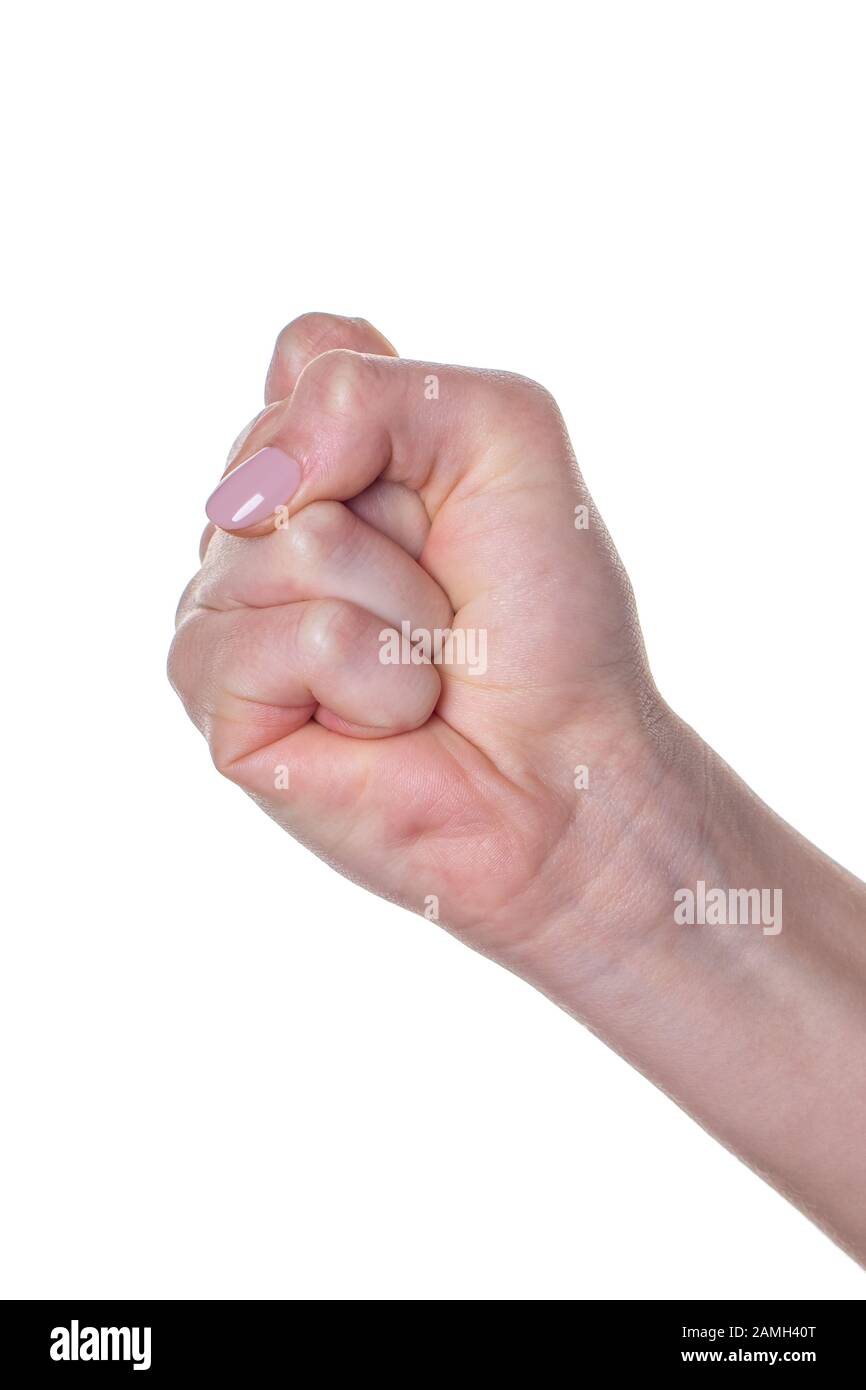 Female hand with fingers folded into fist isolated on white background ...