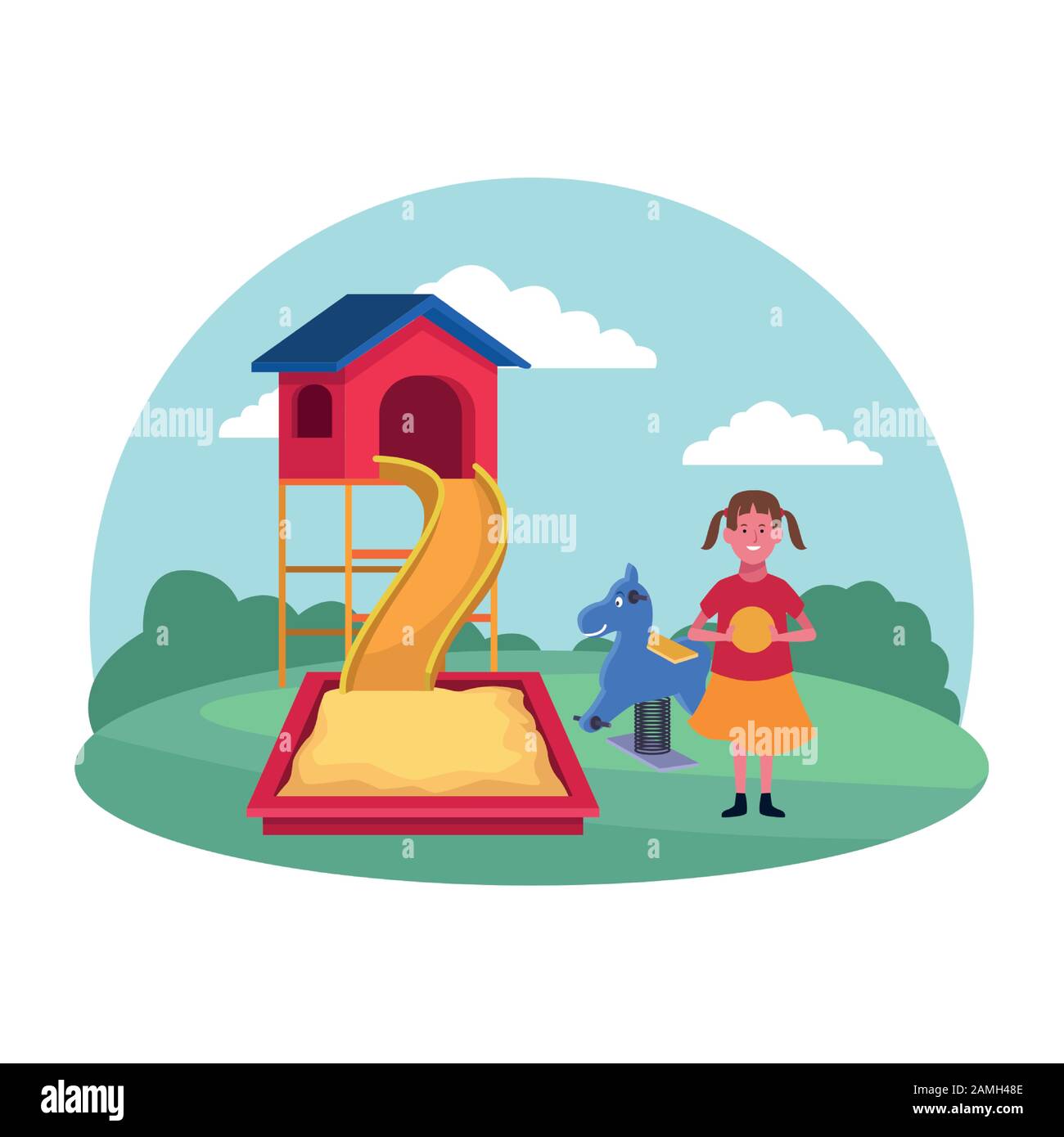 kids zone, happy girl with ball slide sandbox and spring horse ...