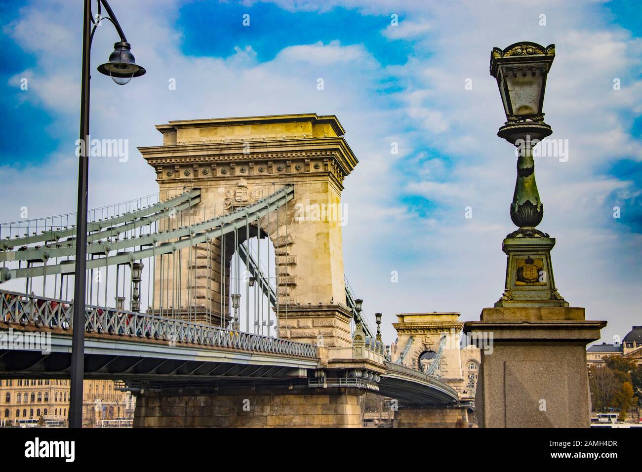 Szechenyi lanchid, Chain Bridge in Budapest, Hungary. There are blue ...