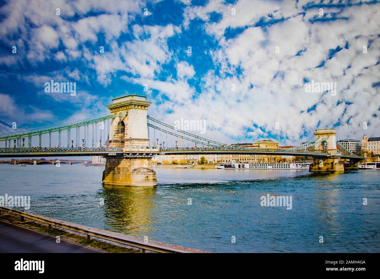 Szechenyi lanchid, Chain Bridge in Budapest, Hungary. There are blue ...