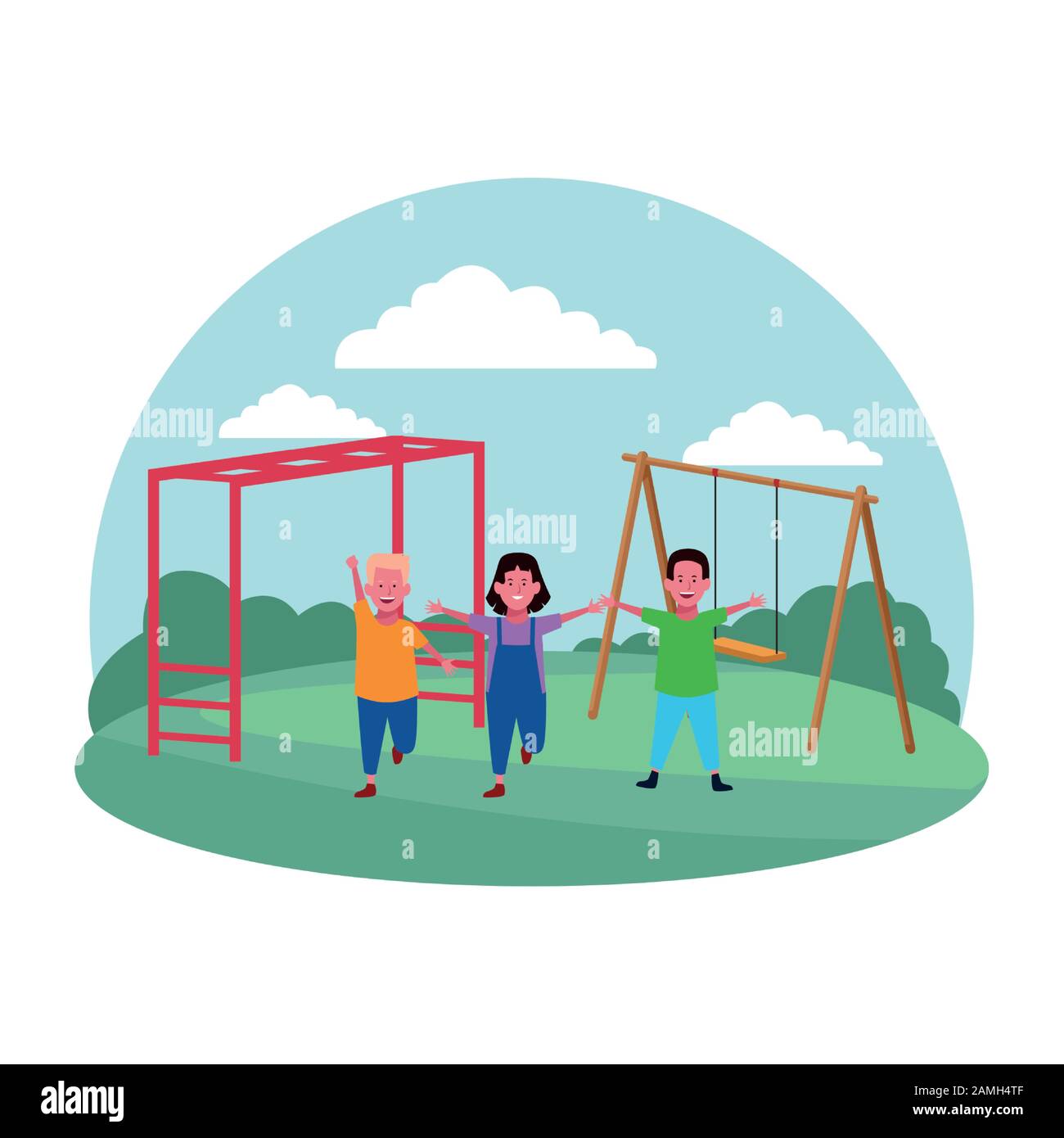 kids zone, girl and boys in the playground with swing playground Stock ...