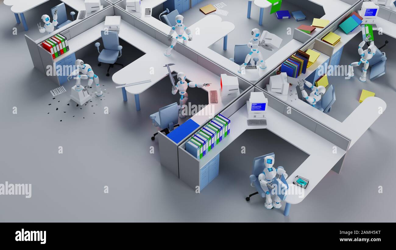 Robots going mad at the office, wrecking it Stock Photo - Alamy