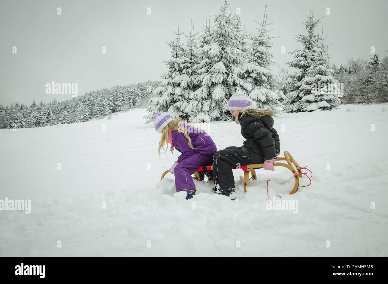 two beautiful little girls running in sleigh in winter forest with lot ...