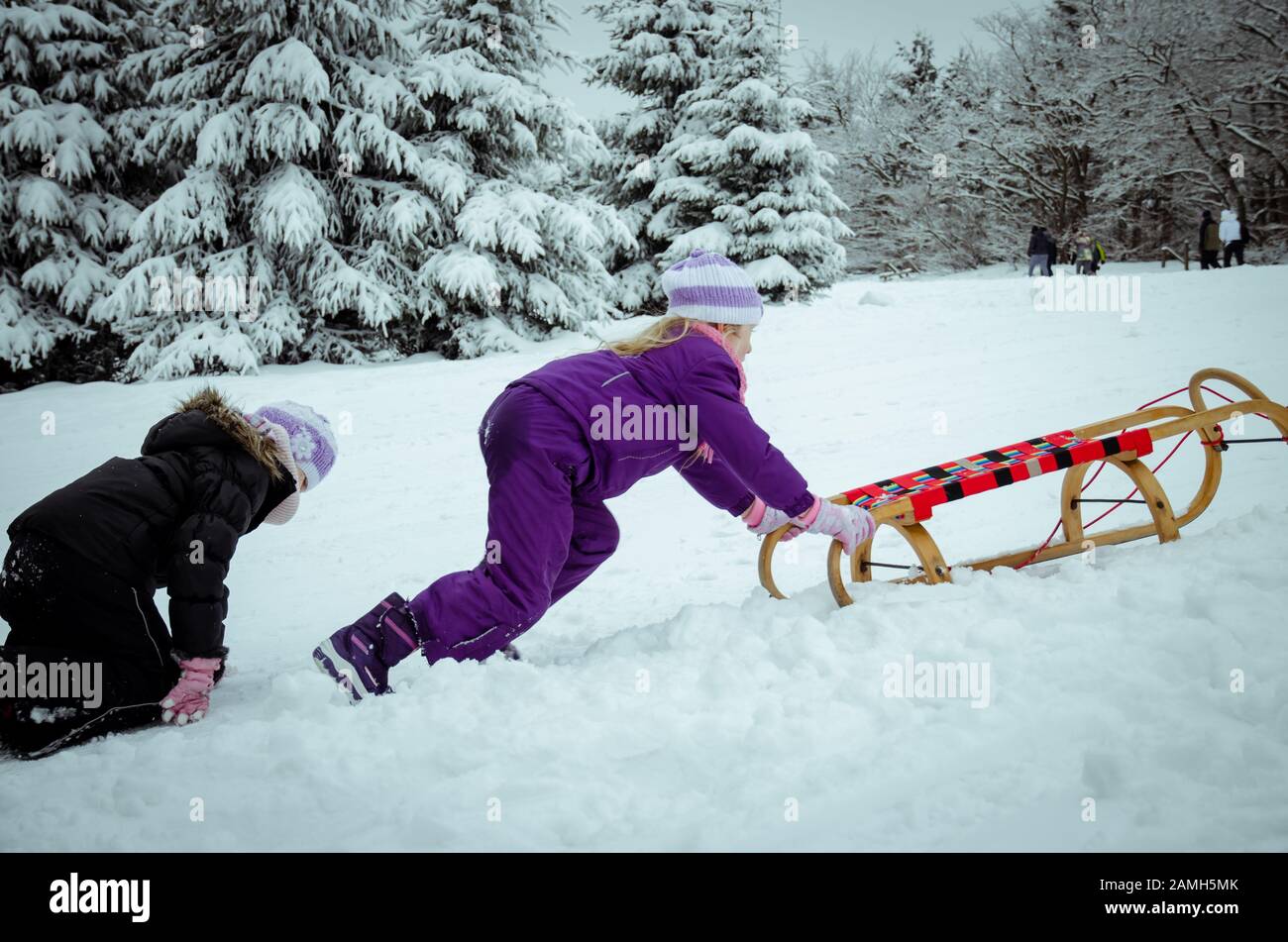 two beautiful little girls running in sleigh in winter forest with lot ...