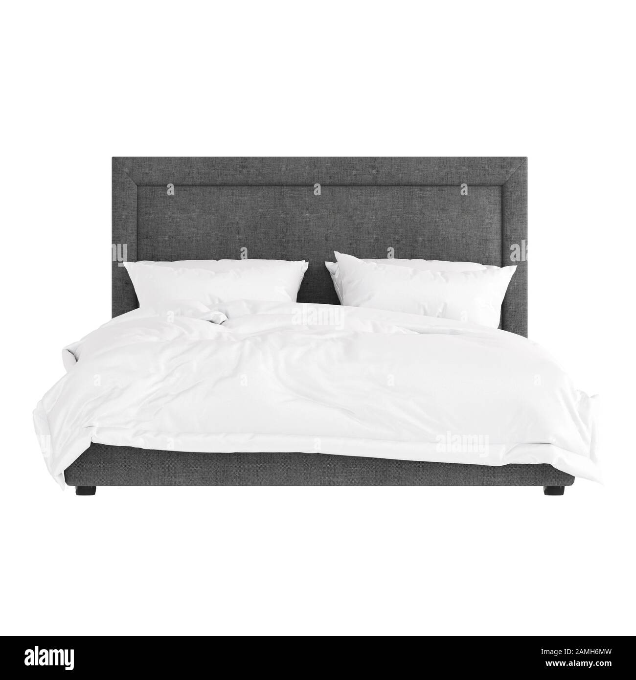 Gray soft double bed with fabric upholstery and white bedding on a ...