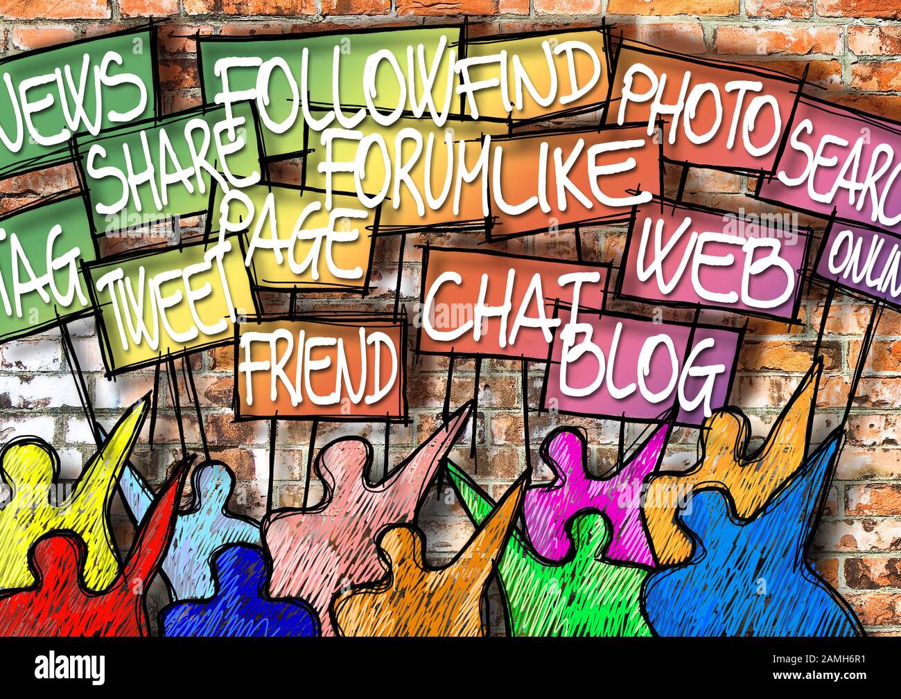 A group of people show many placards with social media words - concept ...