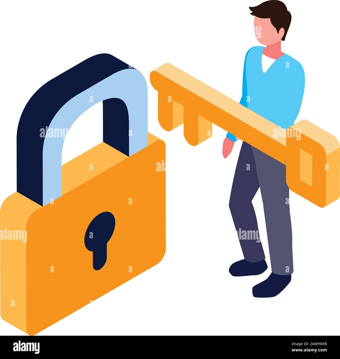 man with security padlock and key on white background vector ...