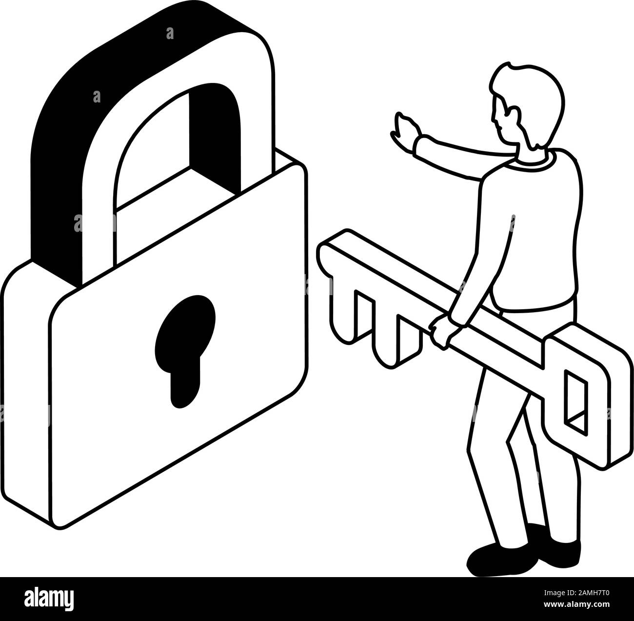 man with security padlock and key on white background vector ...