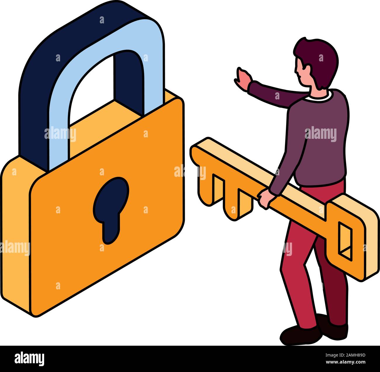 man with security padlock and key on white background vector ...