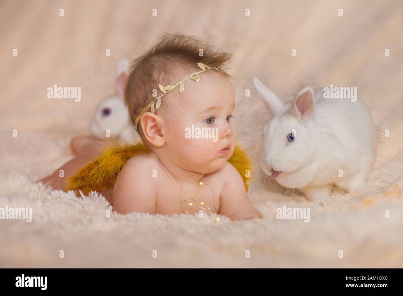 Angel baby and soft rabbit. unusual neighborhood Stock Photo - Alamy