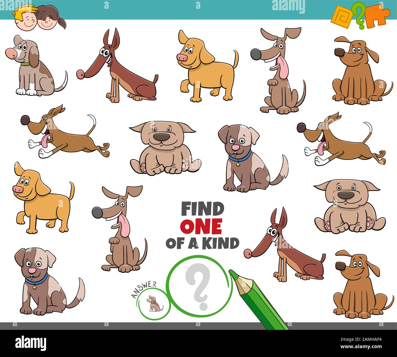 Cartoon Illustration of Find One of a Kind Picture Educational Game ...