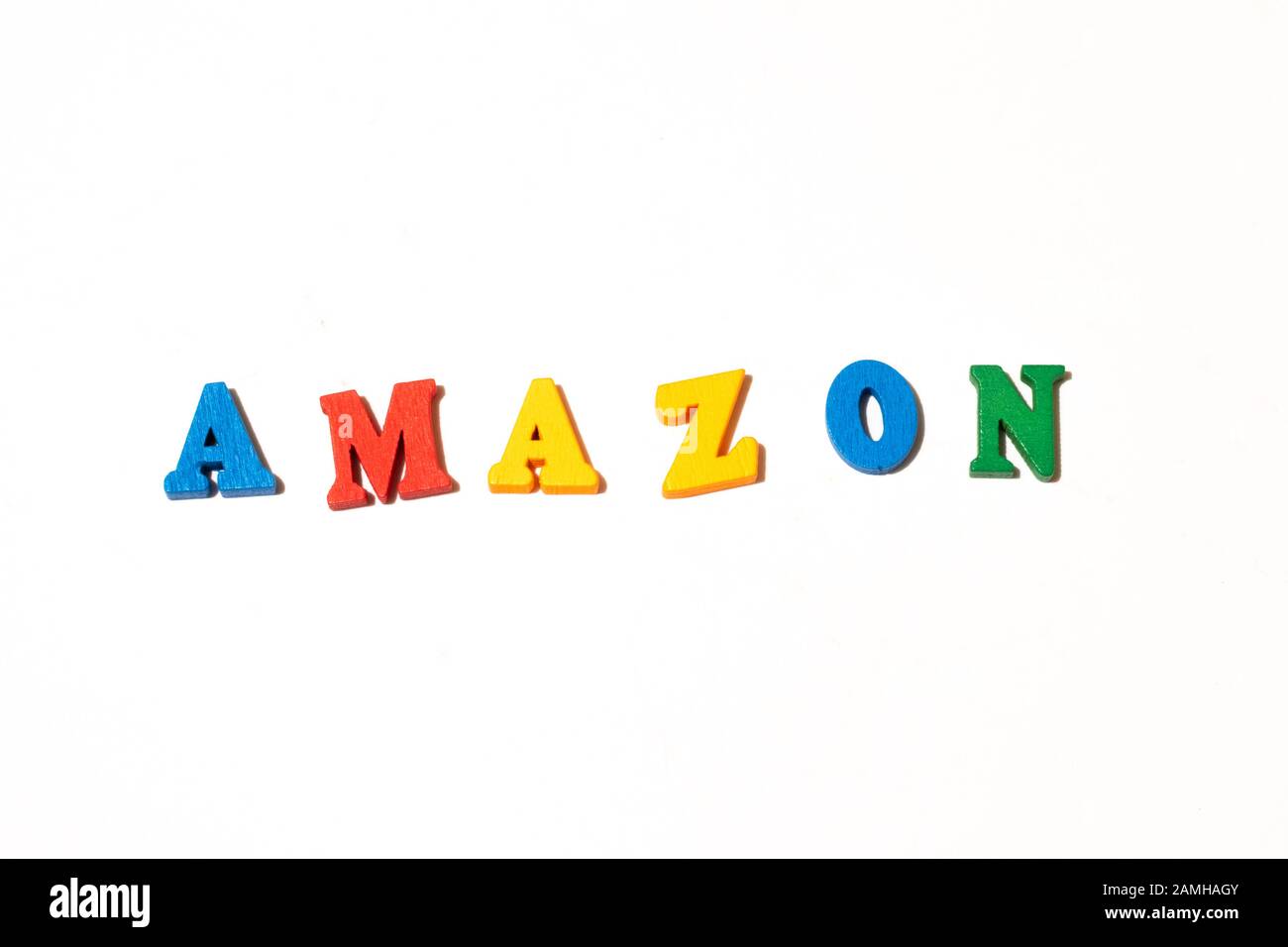 Word amazon letter board on white background. Flat lay for illustration ...