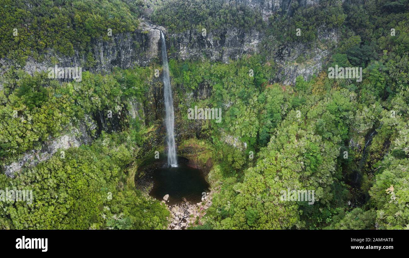 Aerial drone view of "Risco" waterfall in "Paul da Serra", Madeira ...