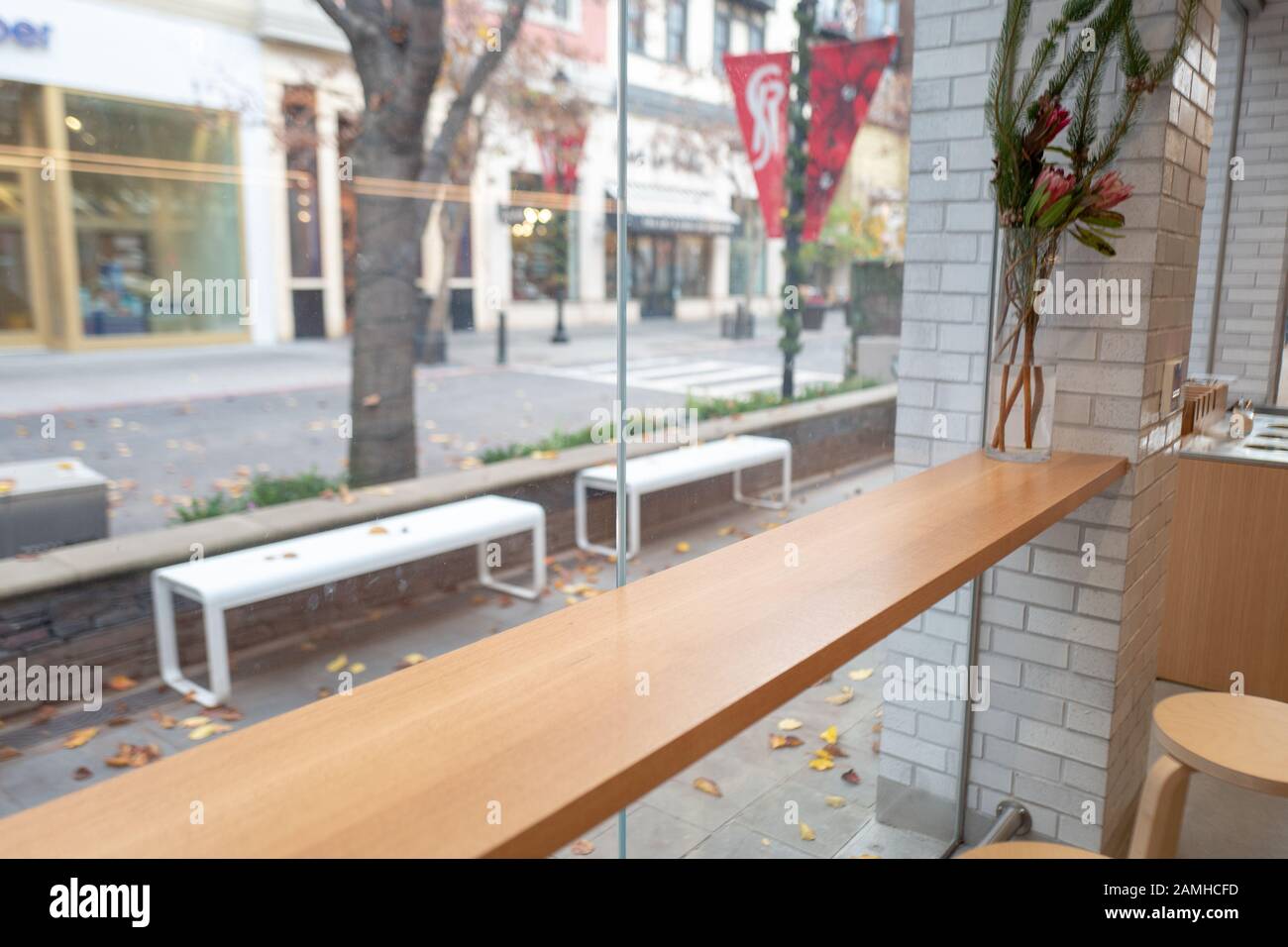 Interior bar seating at newly opened Blue Bottle Coffee cafe at the ...