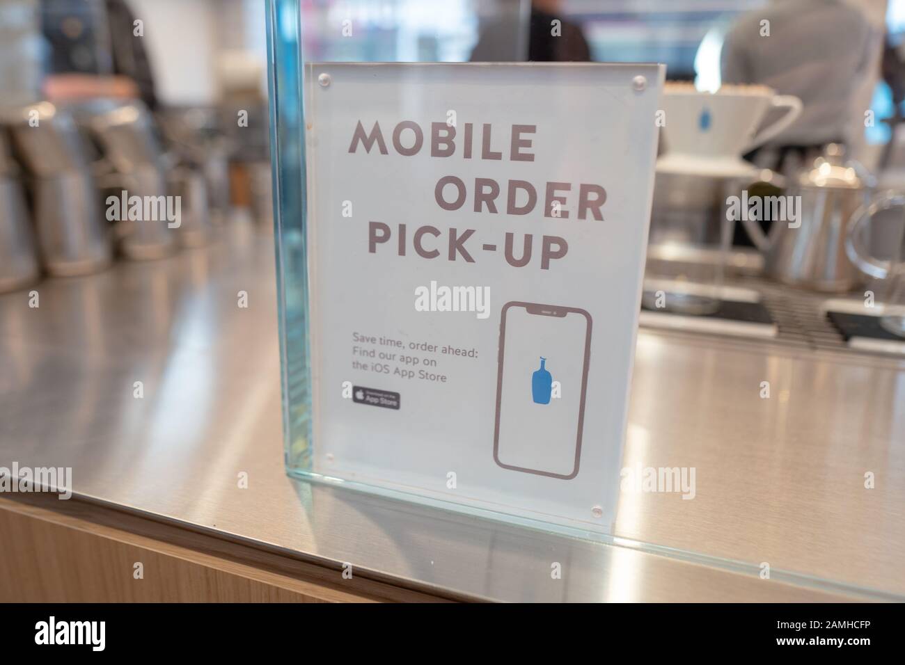 Sign advertising mobile order pickup at newly opened Blue Bottle Coffee ...