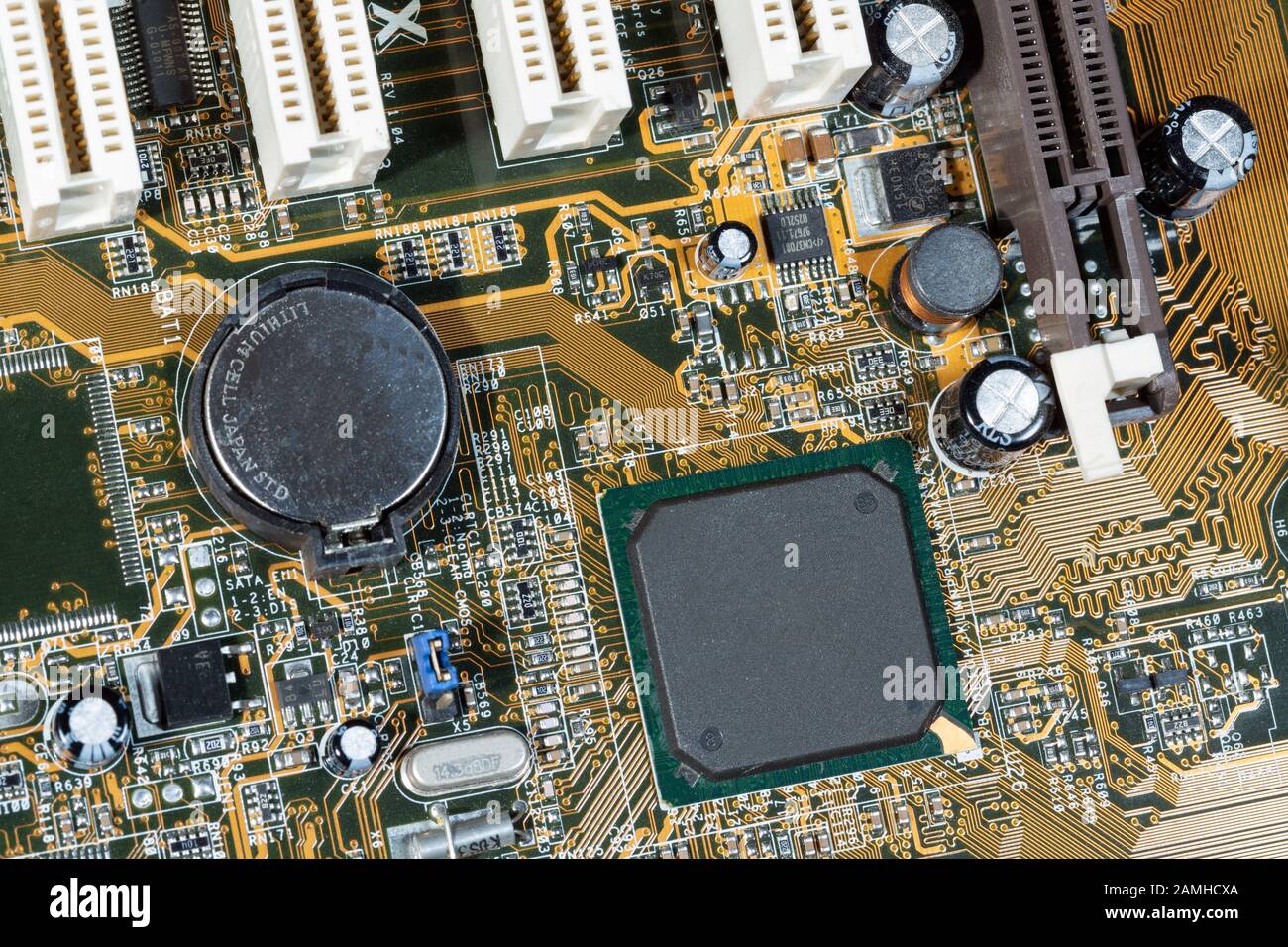 Electronic circuit and chips details at computer mainboard Stock Photo ...