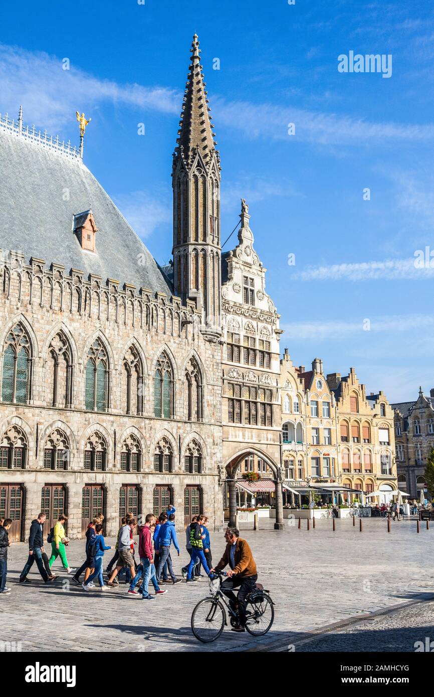 Buildings and architecture of the old town of Ypres in Grote Markt ...