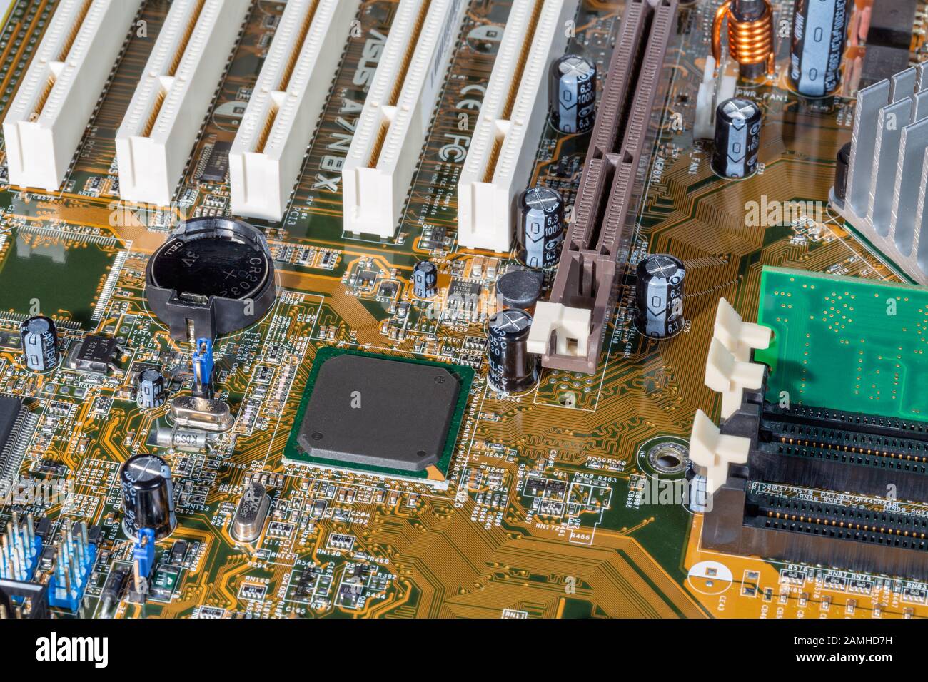 Electronic circuit and chips details at computer mainboard Stock Photo ...