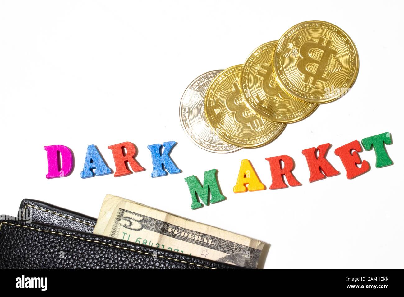 Dark market trade concept. Bitcoin and money in wallet on white ...