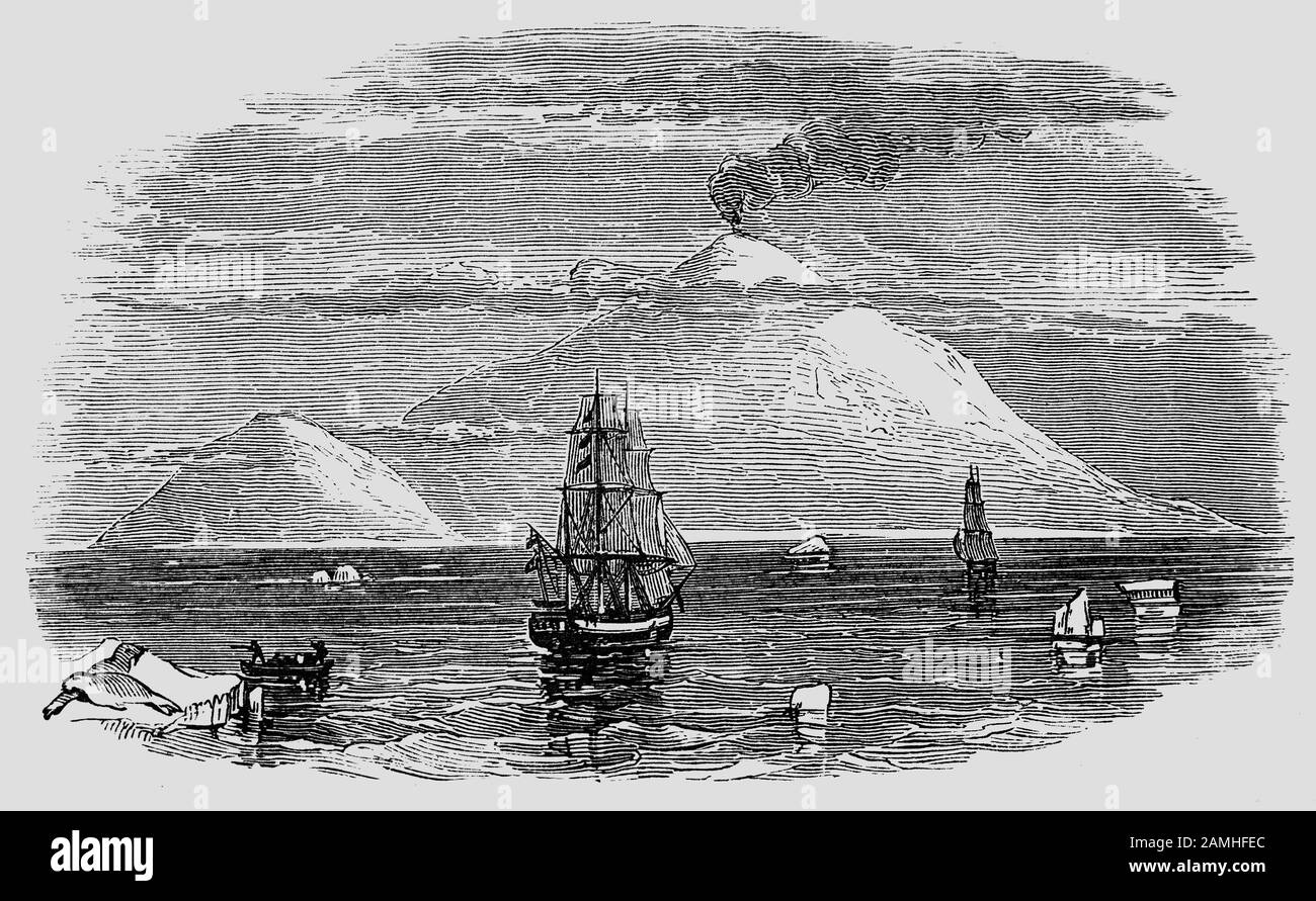 A sailing ship exploring Mount Erebus, the second-highest volcano in ...