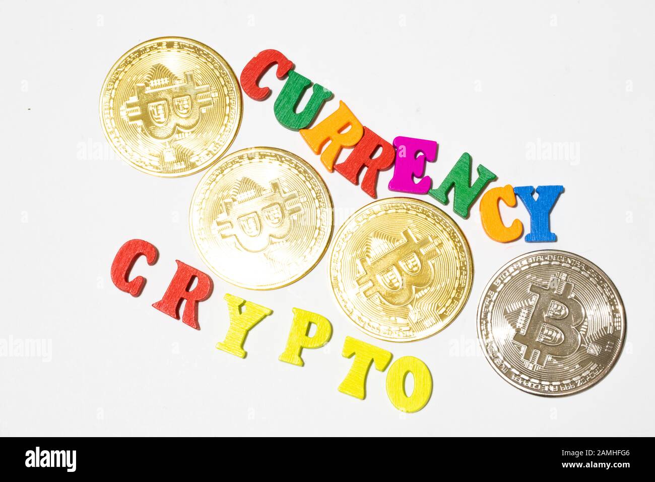 Words currency and crypto with bitcoin top view. Flat lay with white ...