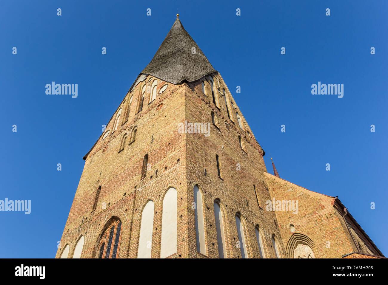 Tower of the historic Stiftskirche church in Butzow, Germany Stock ...
