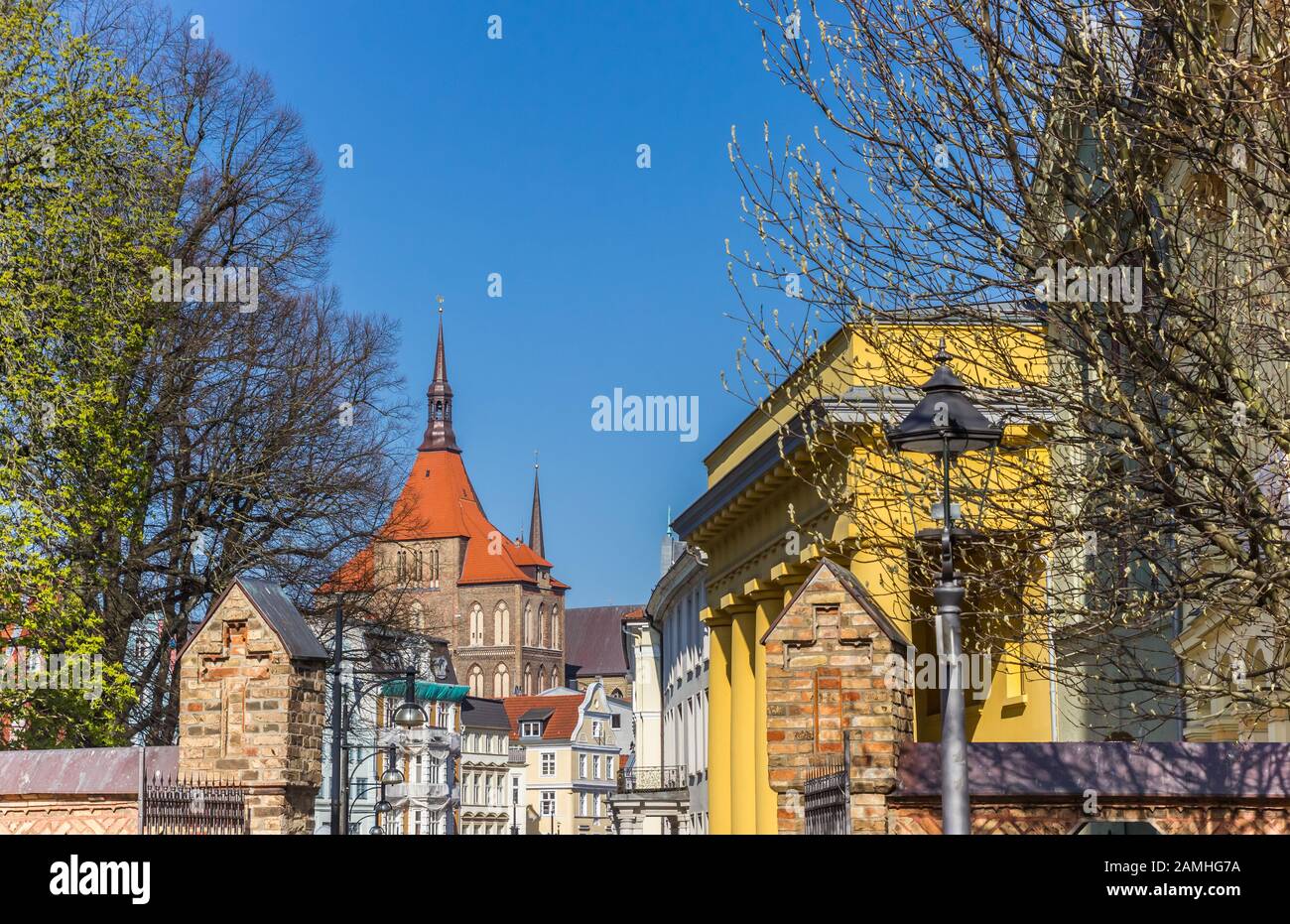 Cityscape of historic buildings in the center of Rostock, Germany Stock ...