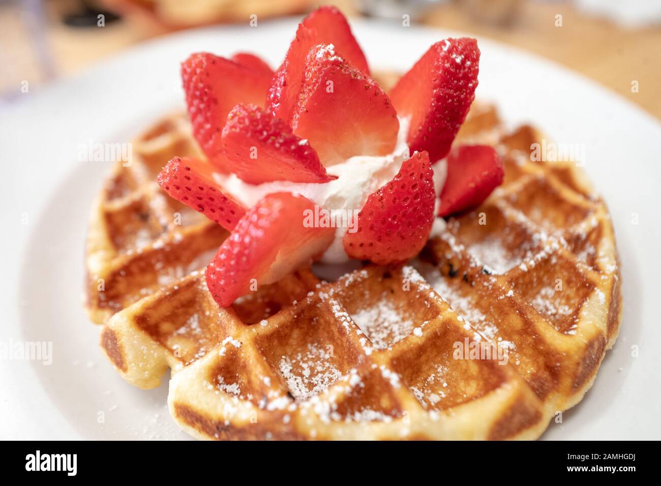 Close-up of Belgian waffle with strawberries and whipped cream on white ...