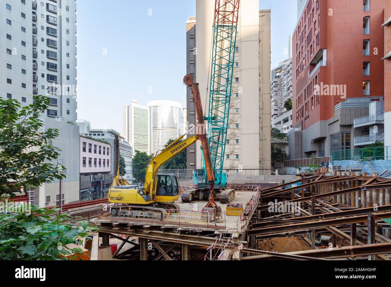 Hong Kong construction - development on a building site with heavy ...