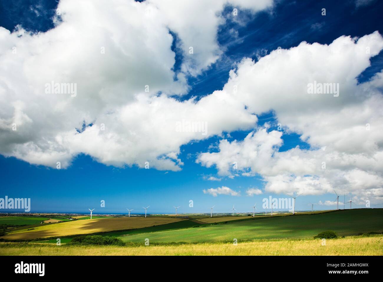 Cornish skyline in summer with wind farm and fields Stock Photo - Alamy