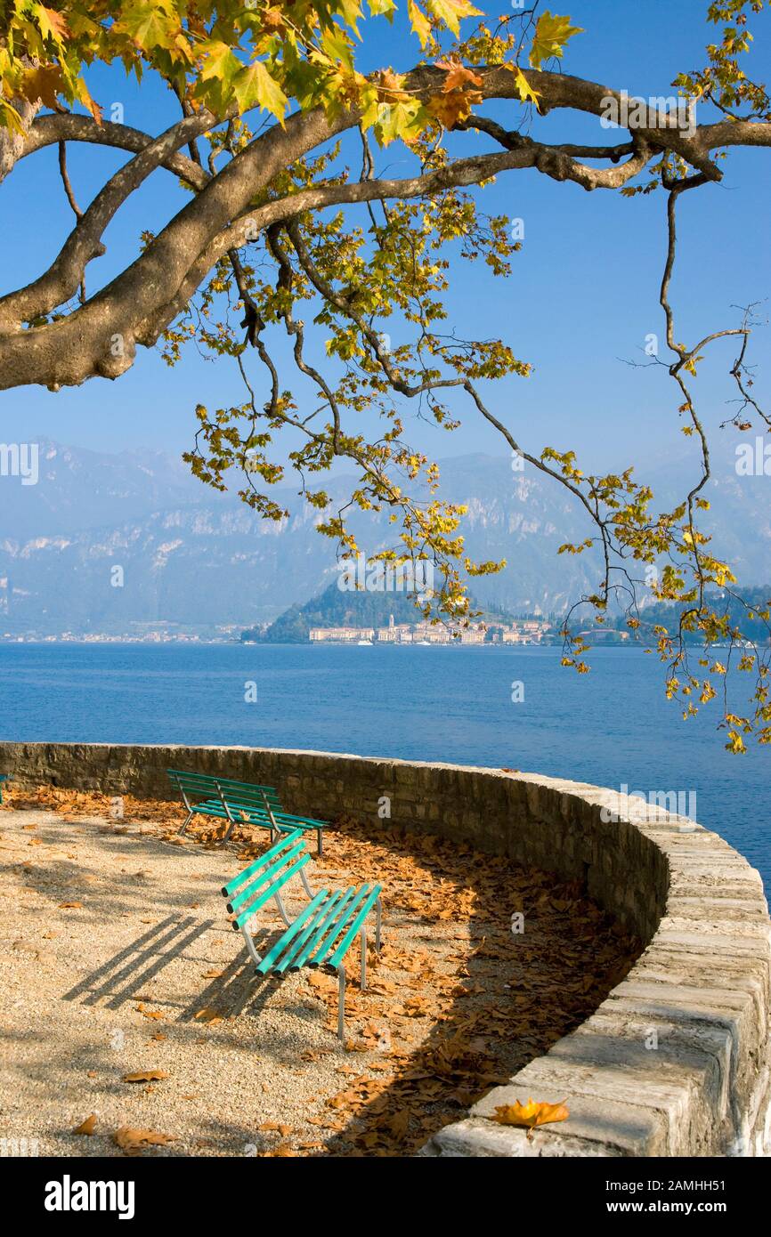 Italy, Tremezzo, benches on lookout point overlooking Lake Como Stock ...
