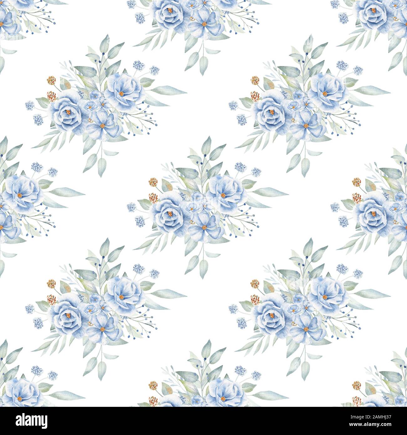 Blue roses and clover flowers bouquets hand drawn watercolor seamless ...